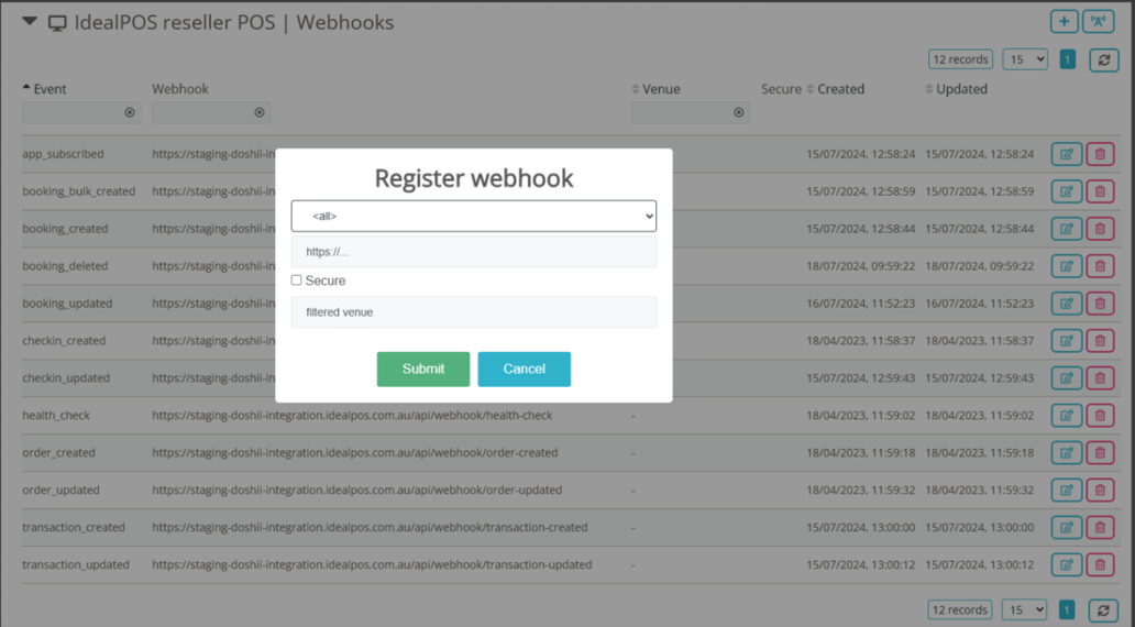 Register Webhooks to Reseller's POS in Doshii Dashboard