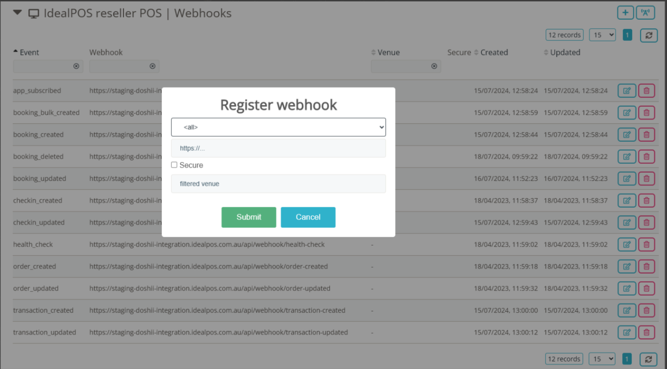Register Webhooks to Reseller's POS in Doshii Dashboard